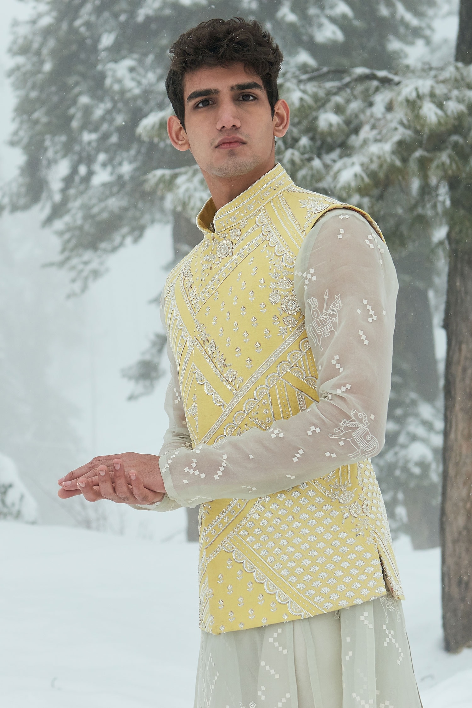 Buy Sahil Kochhar Yellow Pure Matka Silk Surya Thread Embroidered ...