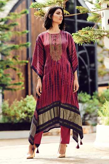 Buy Label Varsha Red Shibori Pattern Kaftan And Straight Pant Set ...