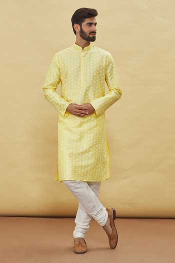Buy Yellow Silk Floral Kurta Set For Men by Nazaakat by Samara Singh ...