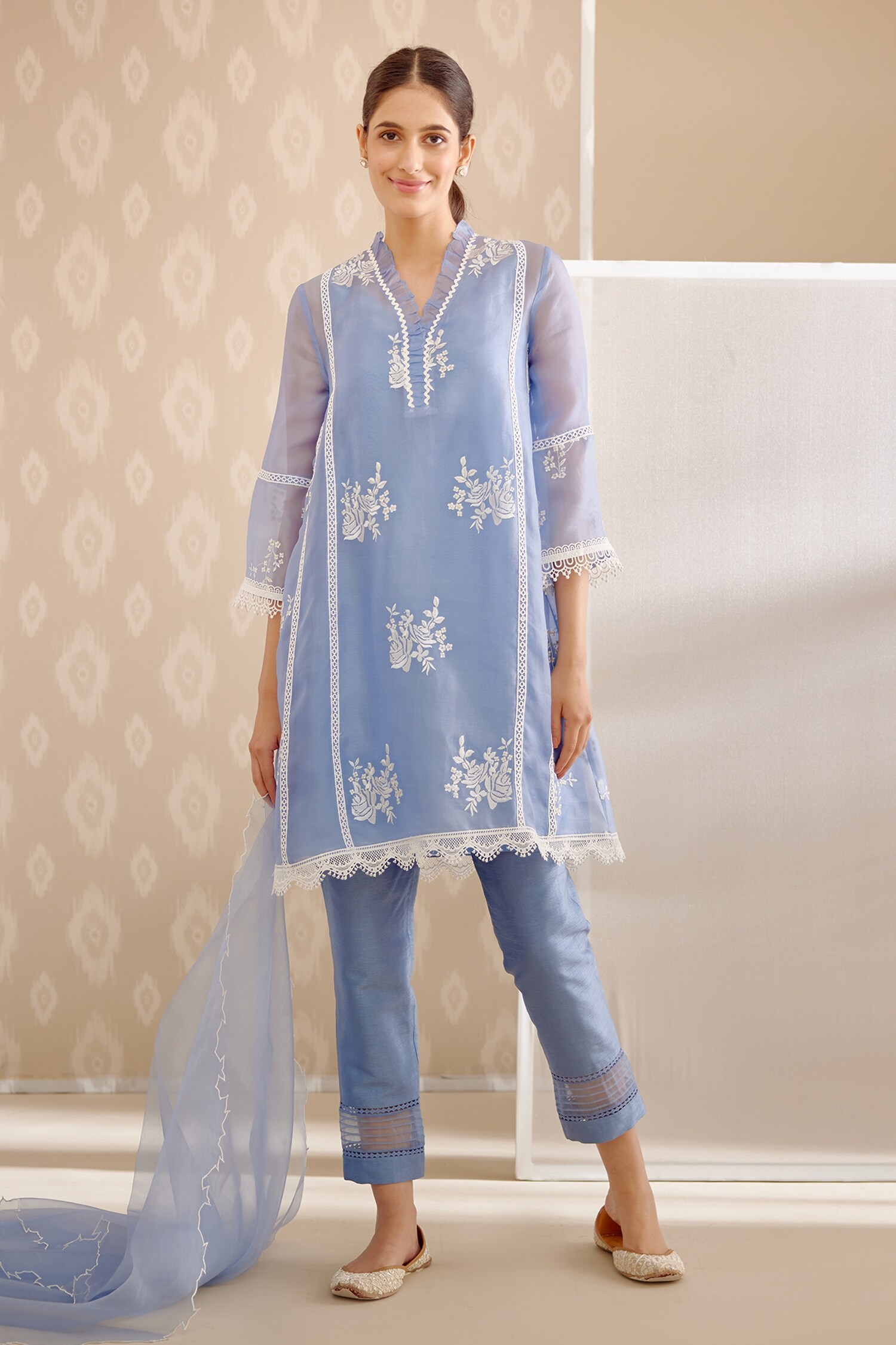 Buy Blue Silk Organza Embroidered And Embellished Thread Fariha Set For ...
