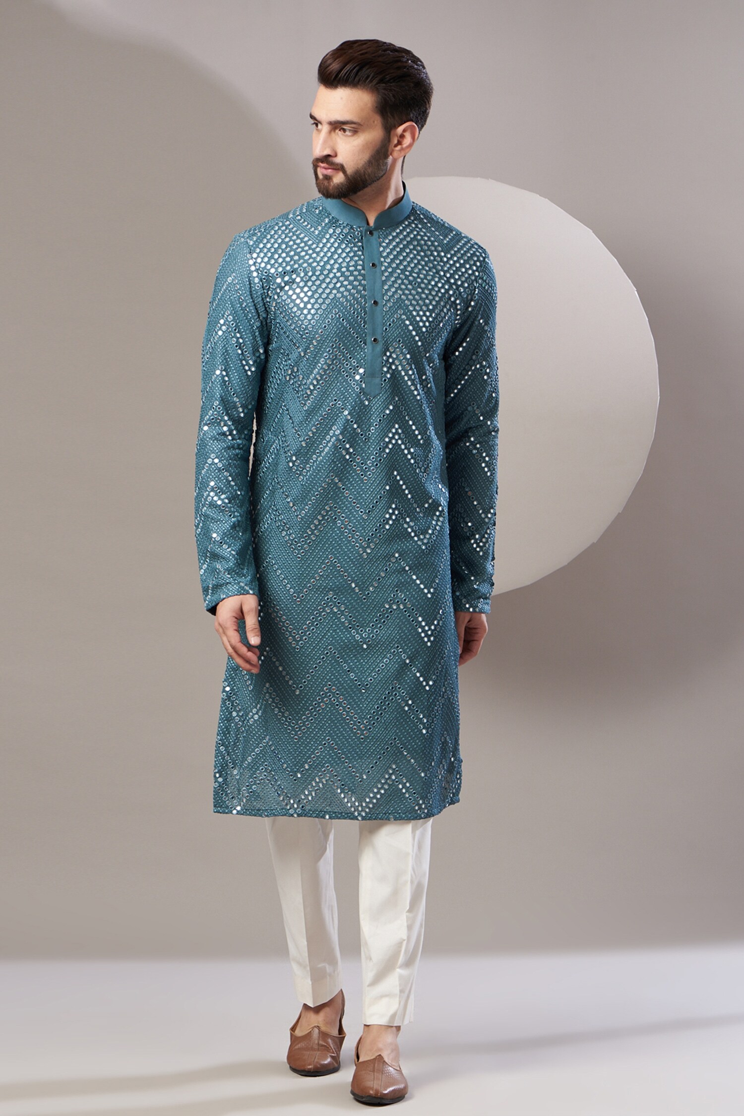 Buy Blue Georgette Embroidered Mirror Chevron Kurta For Men by Kasbah ...