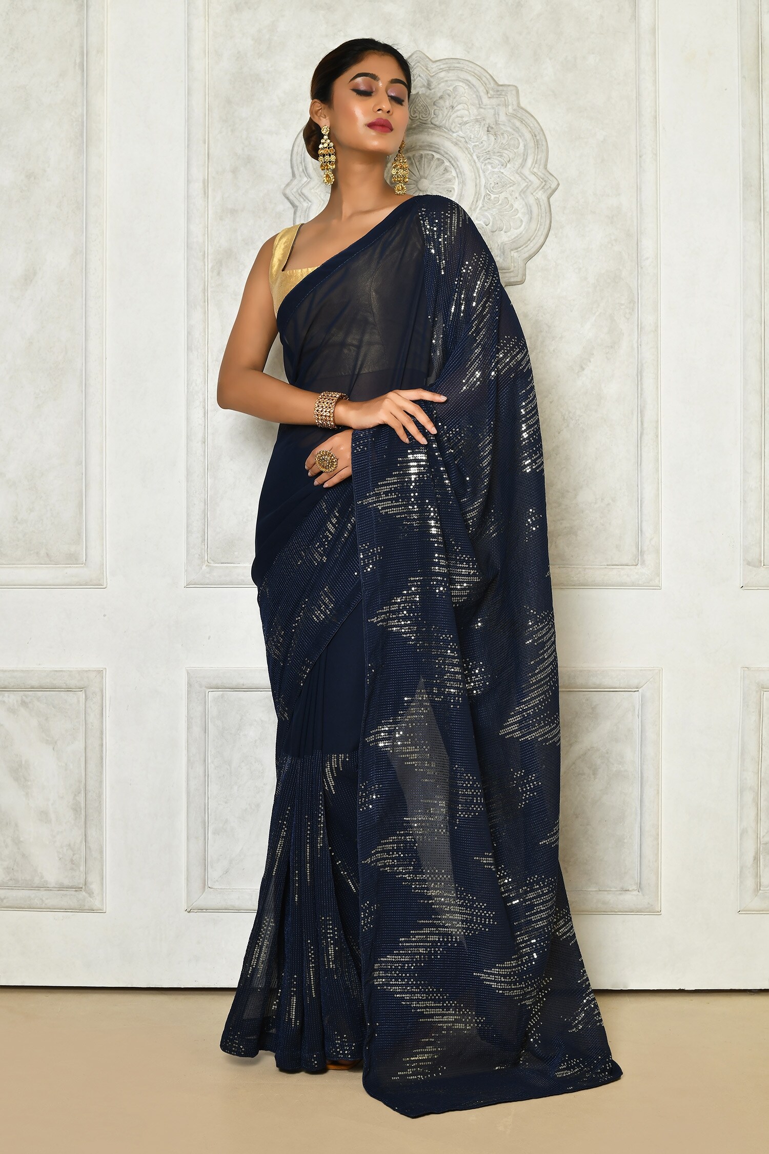 Buy Blue Georgette Embroidered Sequin Zig Zag Pattern Saree For Women by Nazaakat by Samara ...