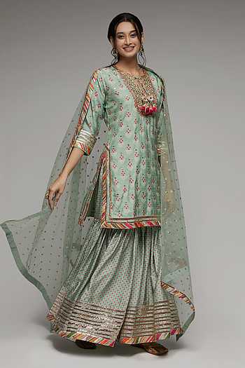 Buy Gopi Vaid Blue Tilla Flower Print Kurta Gharara Set Online | Aza ...