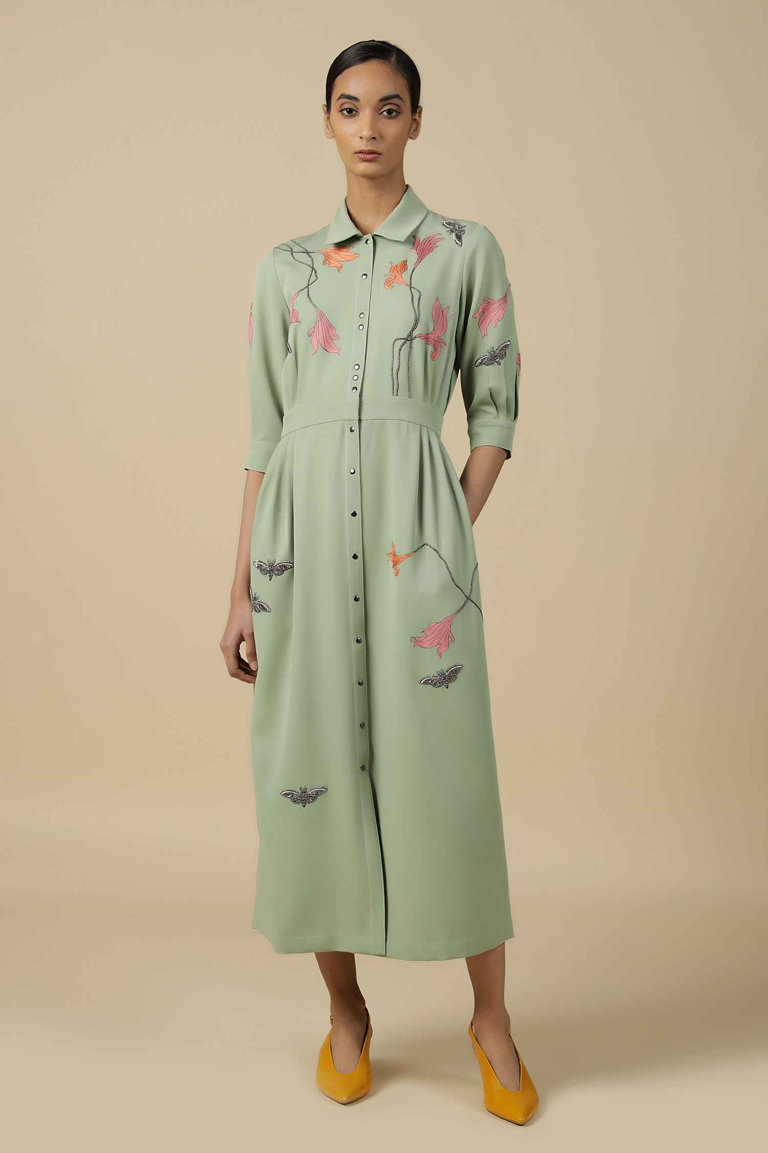 Buy Green Double Crepe Embroidered Floral Shirt Mid Summer Plant Dress ...
