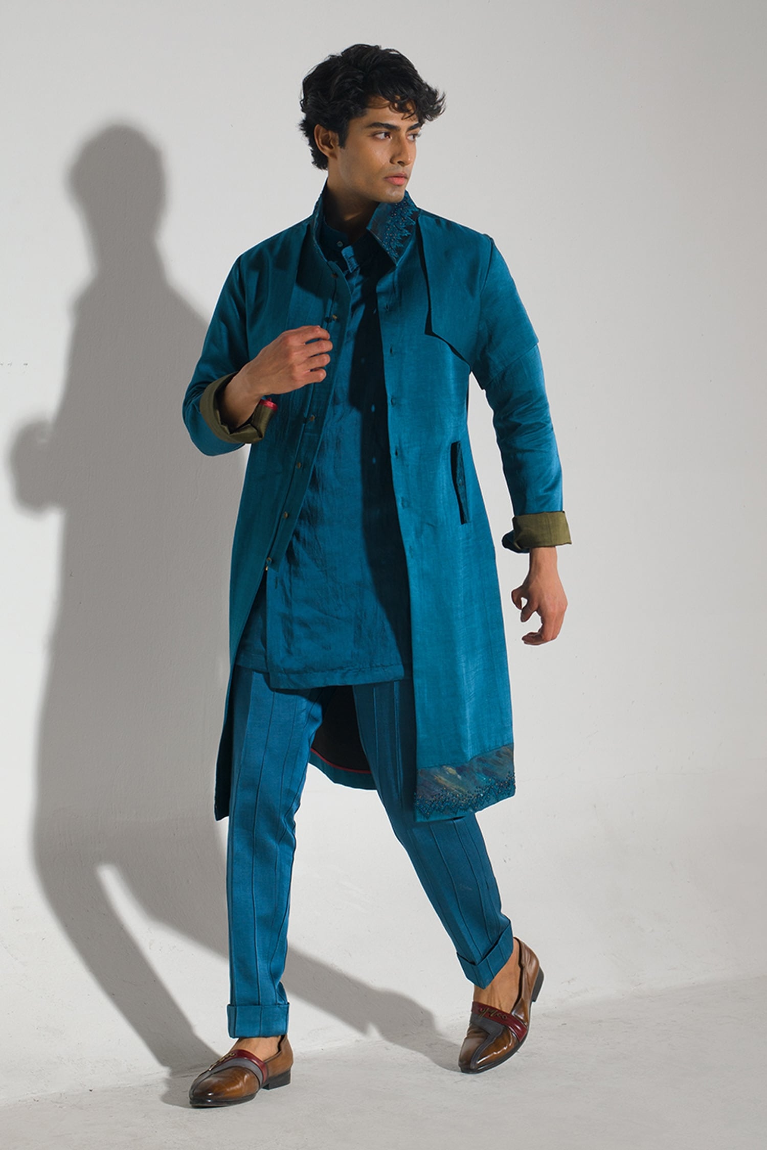 Buy Blue Linen Silk Hand Painted Abstract Motif Border Long Shacket For ...