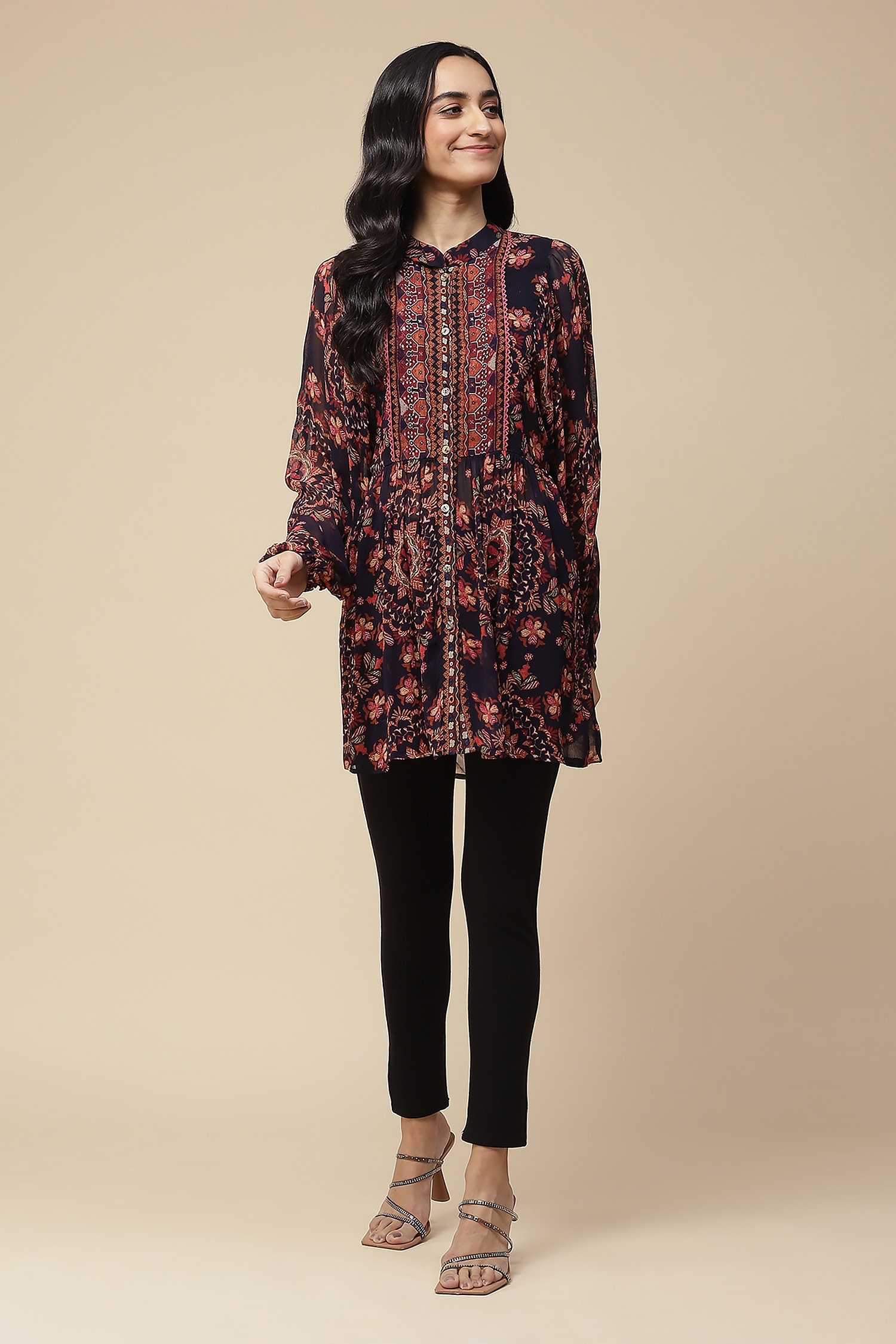 Buy Aarke Ritu Kumar Blue Polyester Floral Print Kurta Online | Aza ...