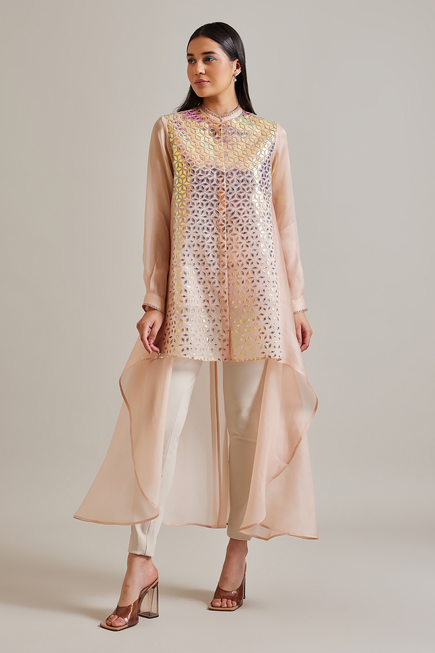 Buy Pankaj & Nidhi Beige Silk Organza Ostara Geometric Applique ...