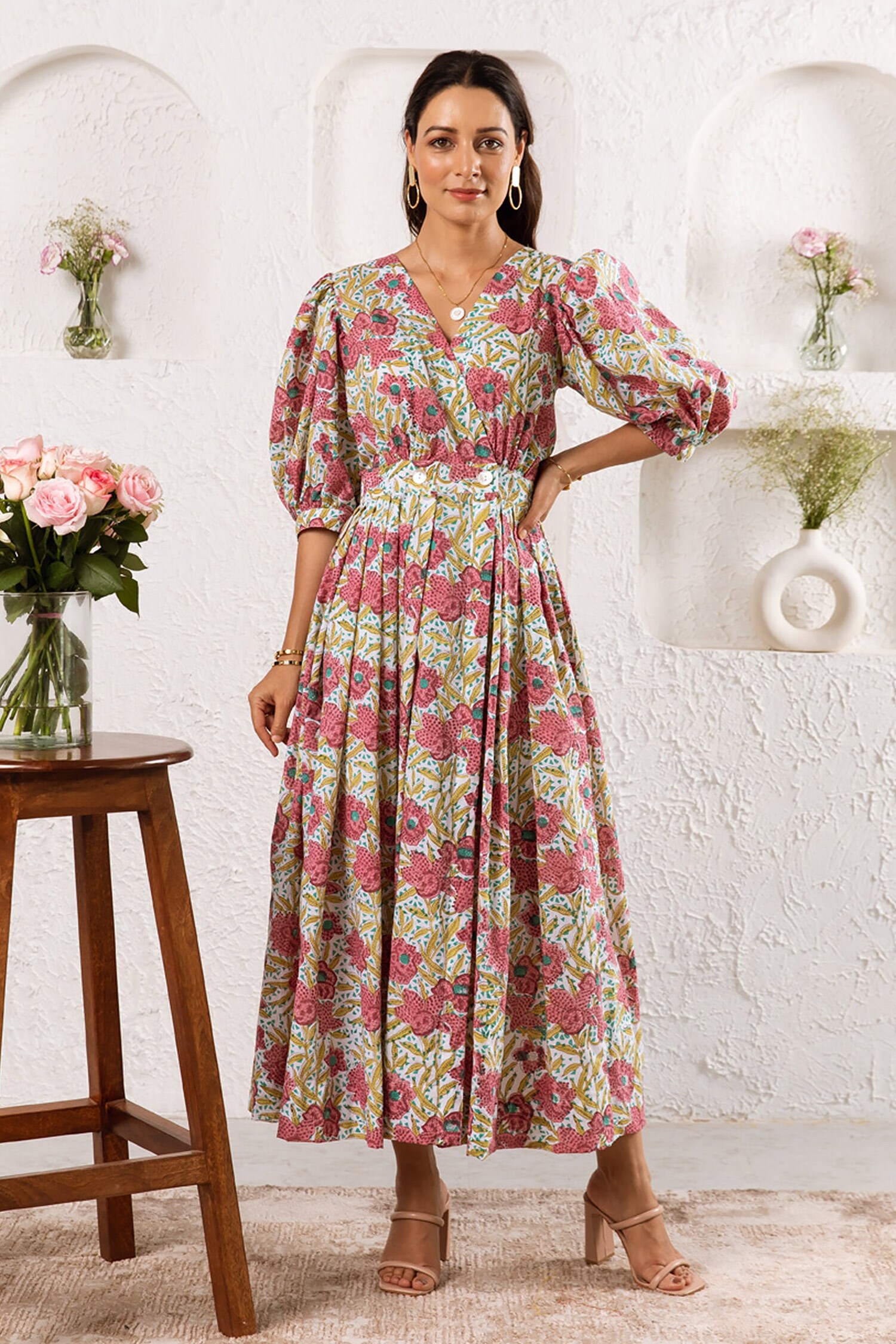 Buy Rivaaj Clothing Multi Color Cotton Floret Print Midi Dress Online ...