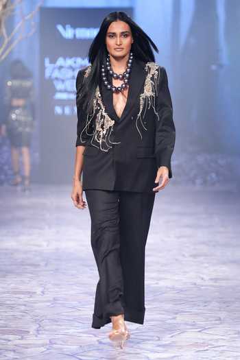Buy Black Suiting Embroidery Sequins Notched Lapel Hand Blazer For ...