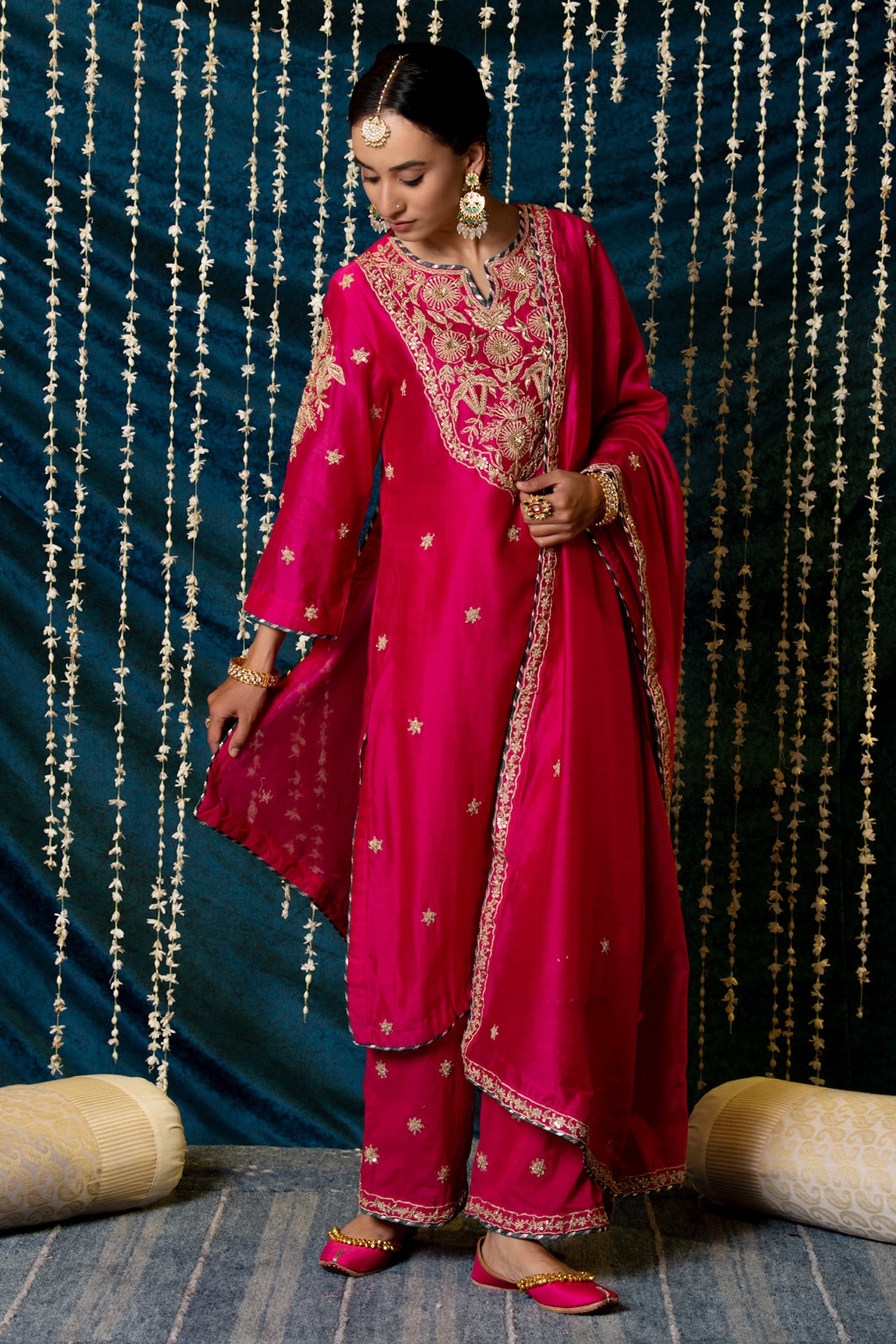 Buy Pink Kurta Chanderi Silk Hand Embroidery Gulaab Floral Set For Women by Maison Shefali ...