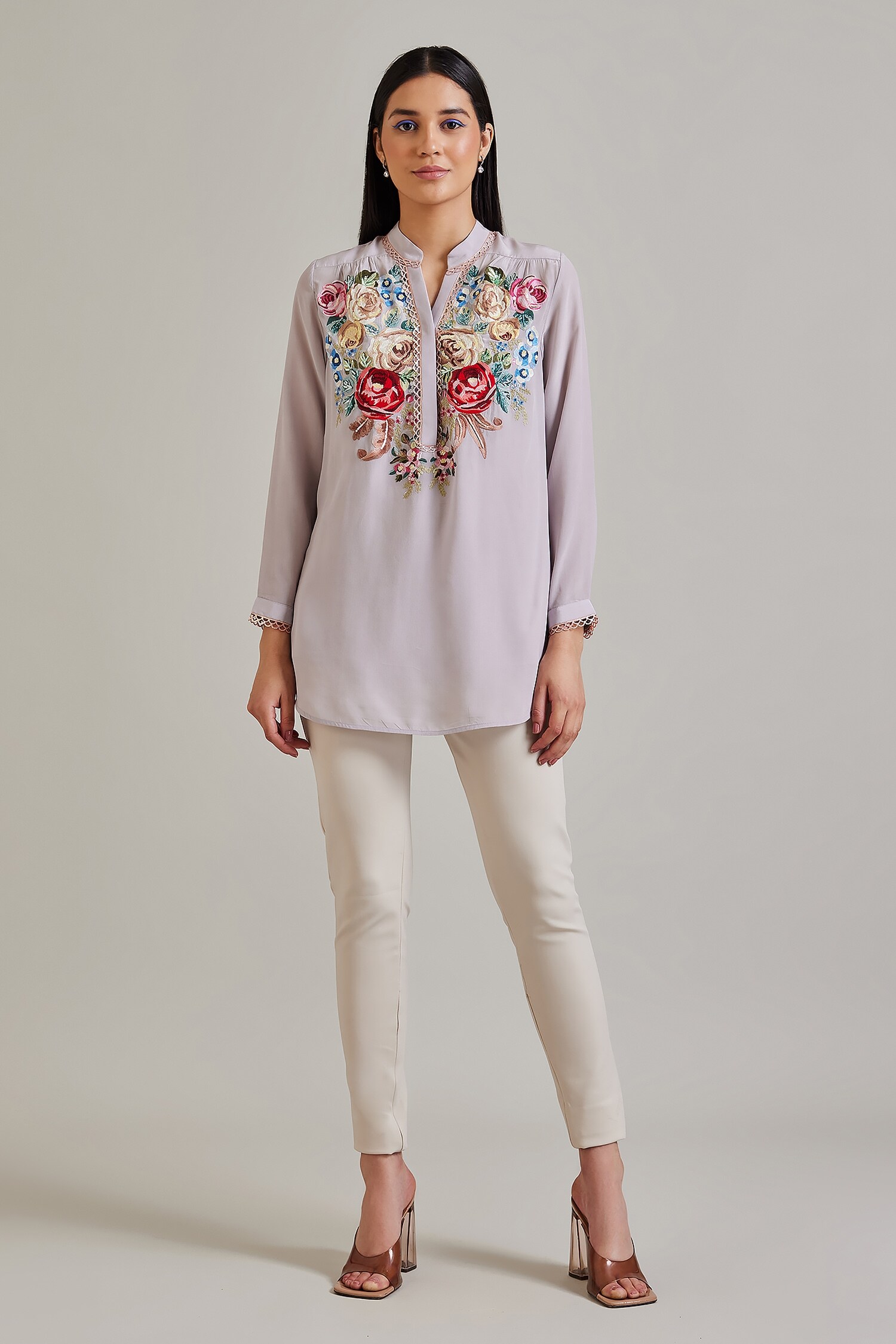 Buy Pankaj And Nidhi Grey Silk Crepe Peony Hand Embellished Short Tunic