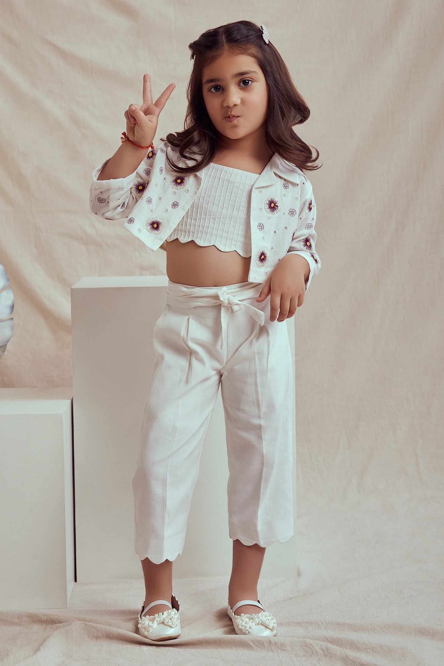 Buy White Linen Maria Crop Jacket And Pant Set For Girls by The Right ...