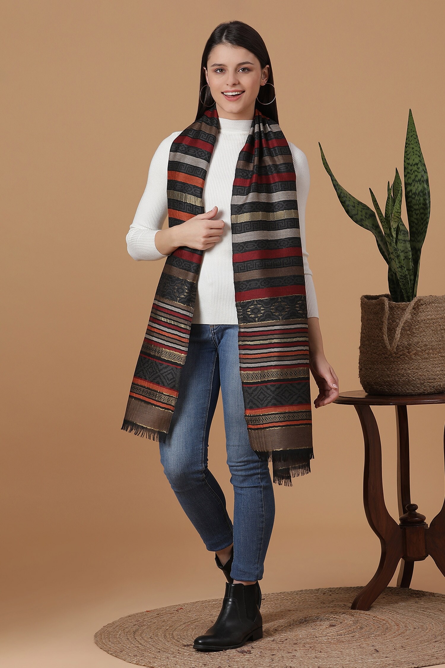 Buy Shingora Woven Striped Pattern Stole Online | Aza Fashions