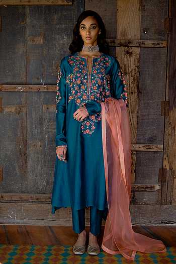 Buy Shikha Mehta Green Silk Chanderi Kalidar Kurta Set Online | Aza ...