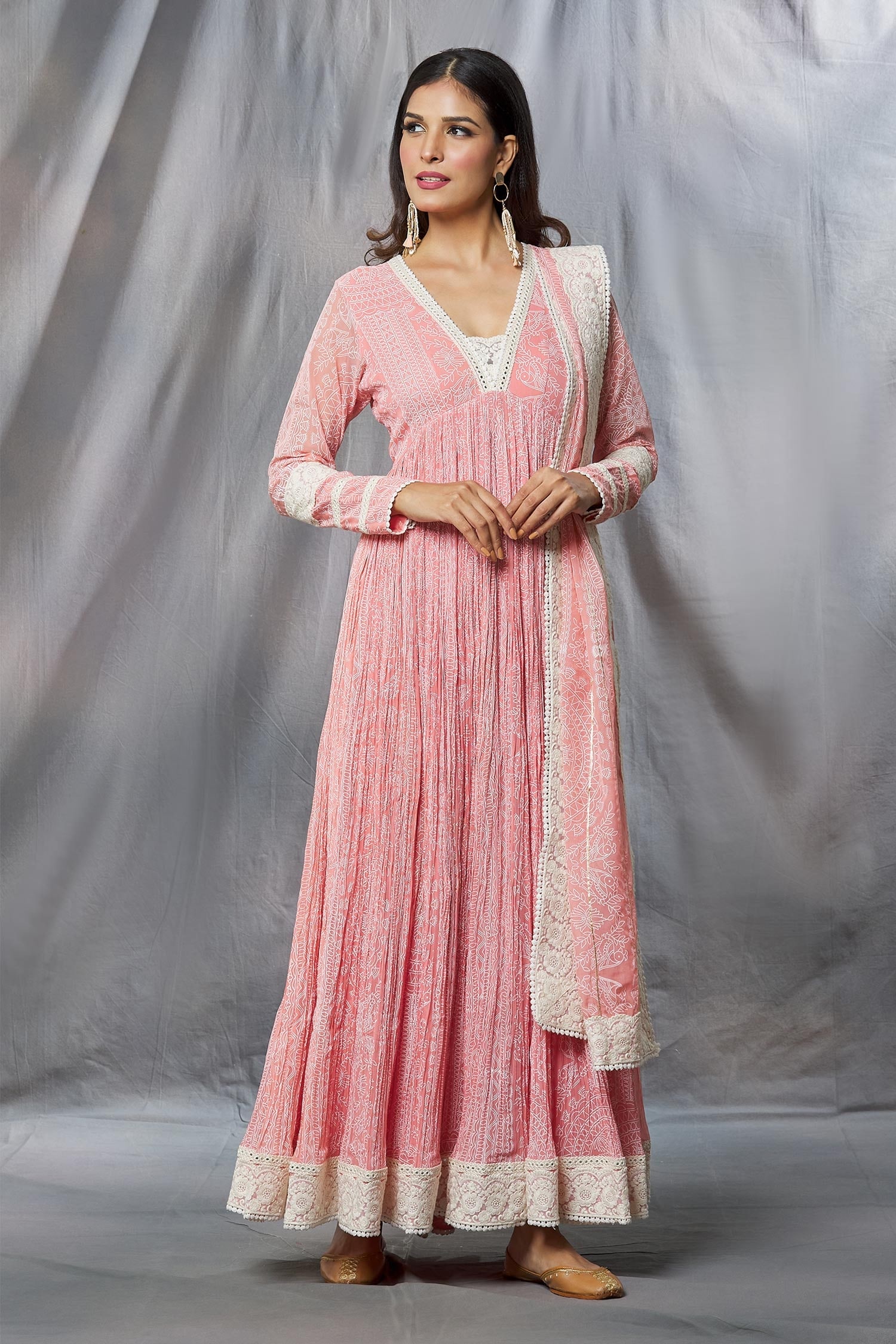Buy Pink Georgette Printed Floral V Fit And Flare Anarkali With Dupatta ...