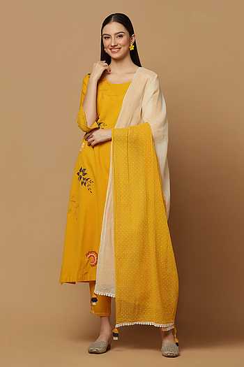 Buy Ikha Couture Yellow Floral Applique Embroidered Kurta Set Online ...