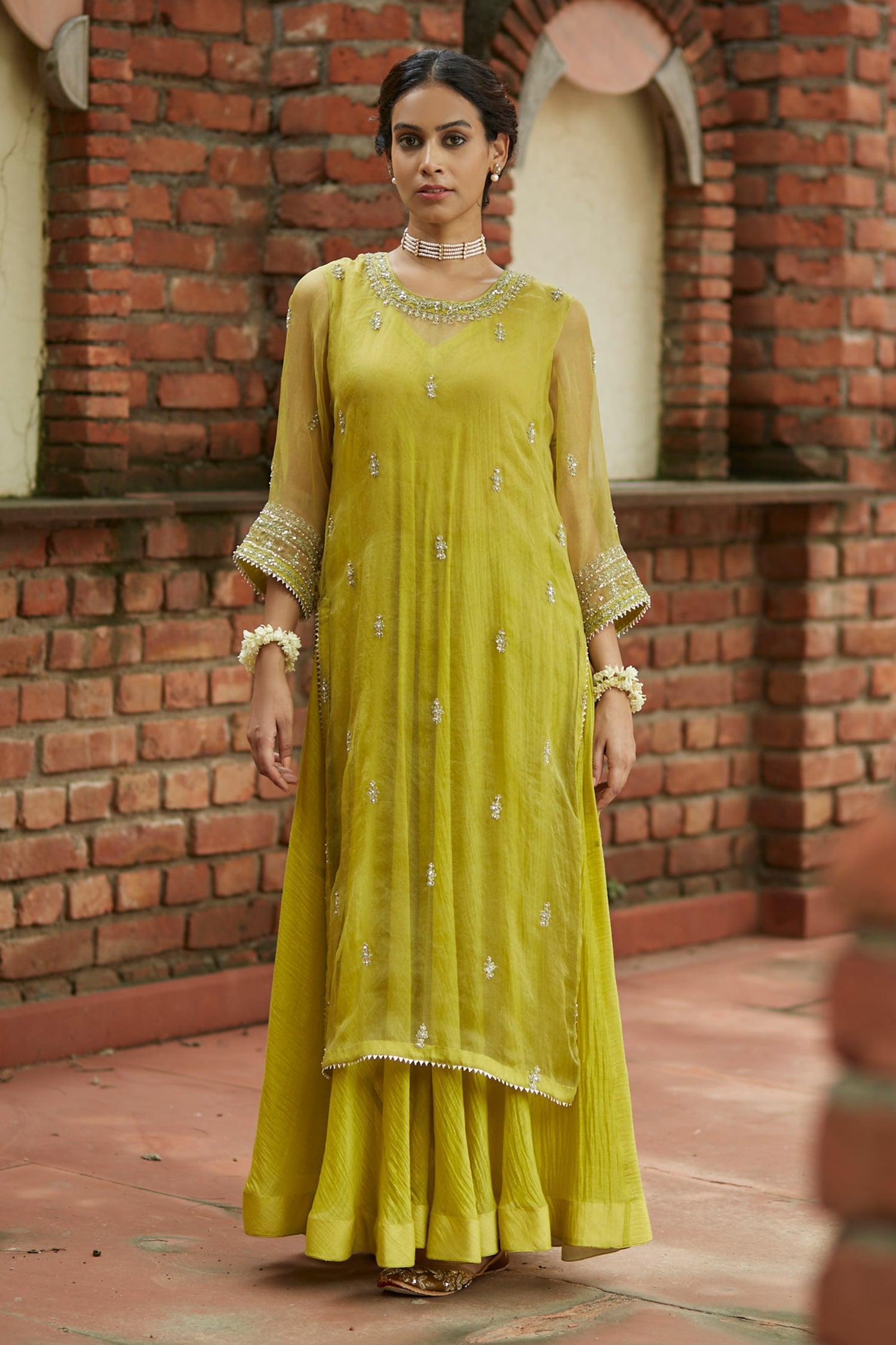 Buy Green Handloom Mul Chanderi Embroidered Floral Layered Tunic And ...