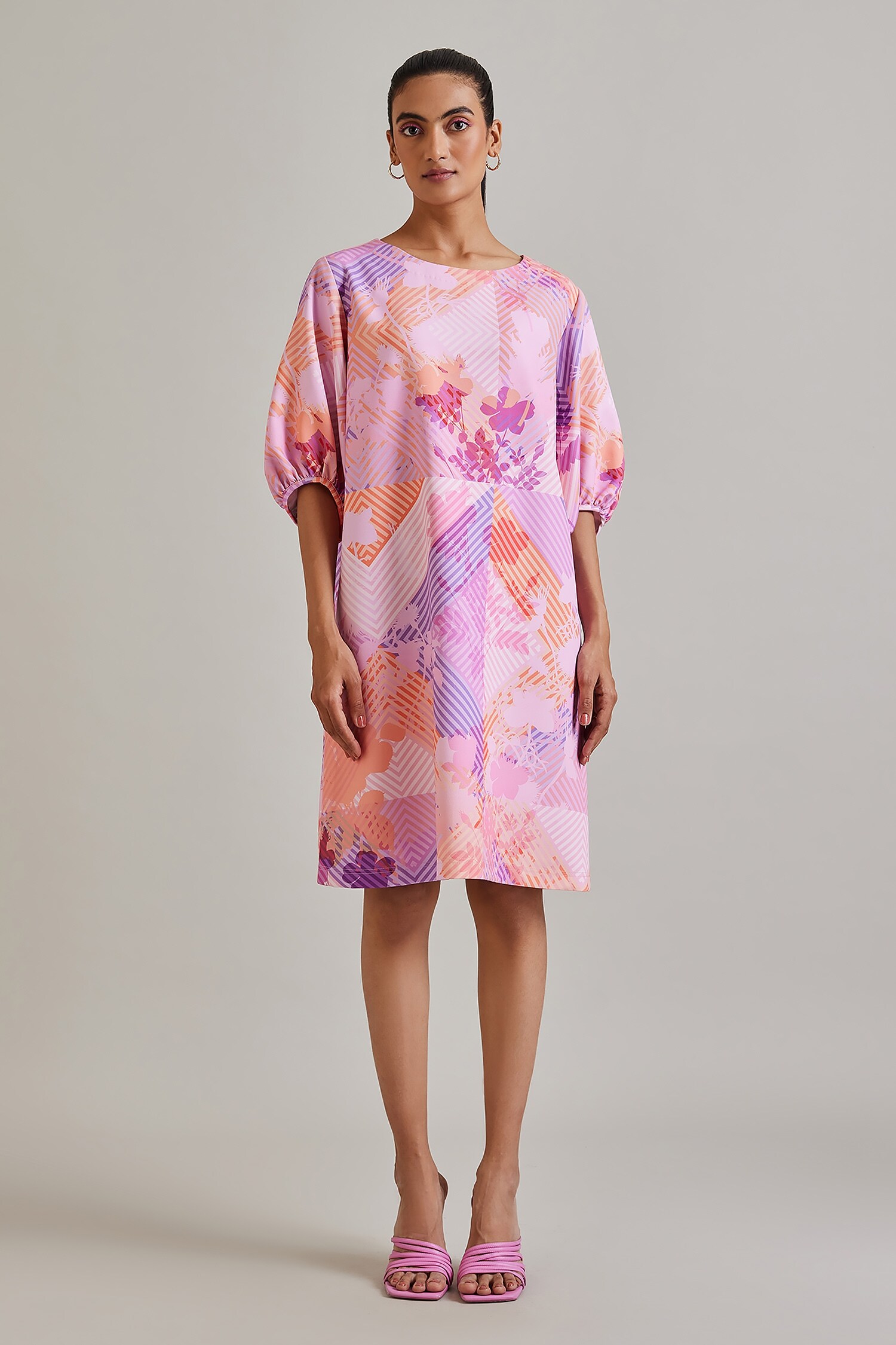 Buy Pink Heavy Crepe Floral Round Syrus And Geometric Pattern Dress For