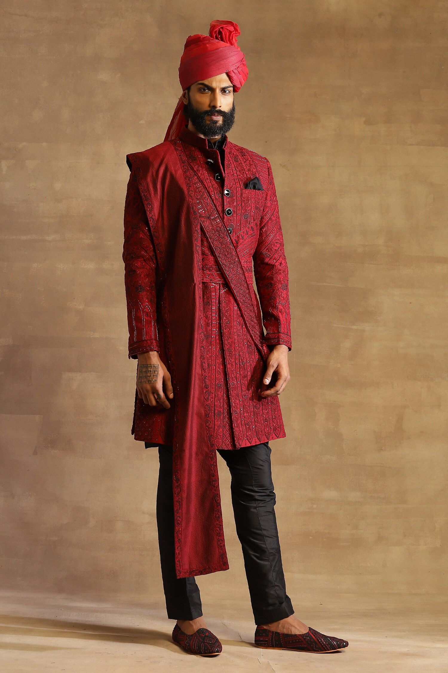 Buy Maroon Raw Silk Embroidered Floral Pattern Achkan For Men by ...