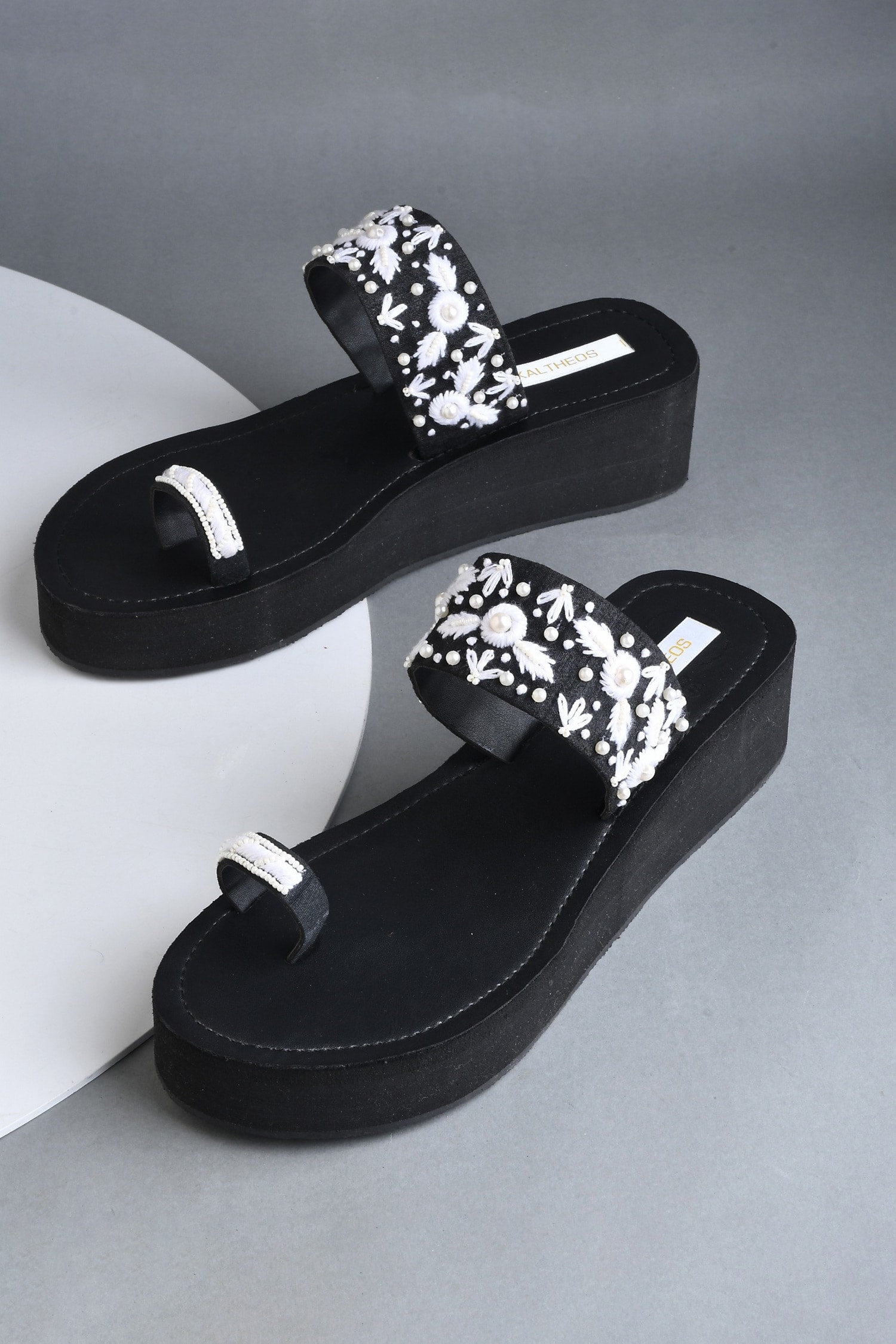 Buy Black Embellished Sophia Toe Ring Wedges by Kaltheos Online at Aza ...