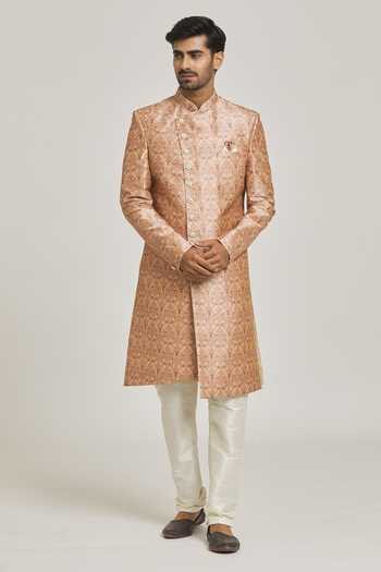 Buy Peach Sherwani Art Silk Printed Floral Overlap Set For Men by Adara ...