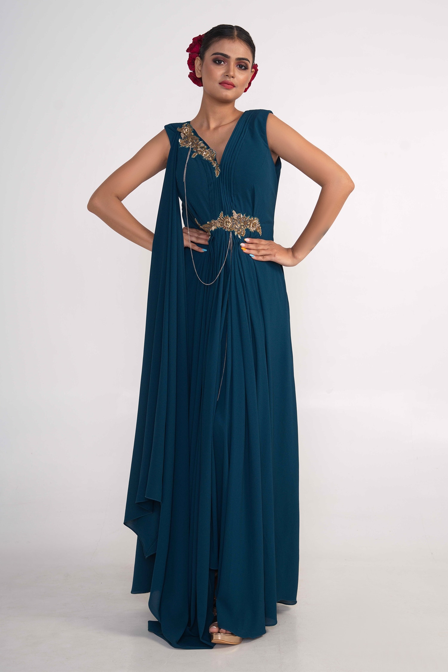 Buy Blue Georgette Embroidery Zardozi V Neck Draped Gown For Women by ...