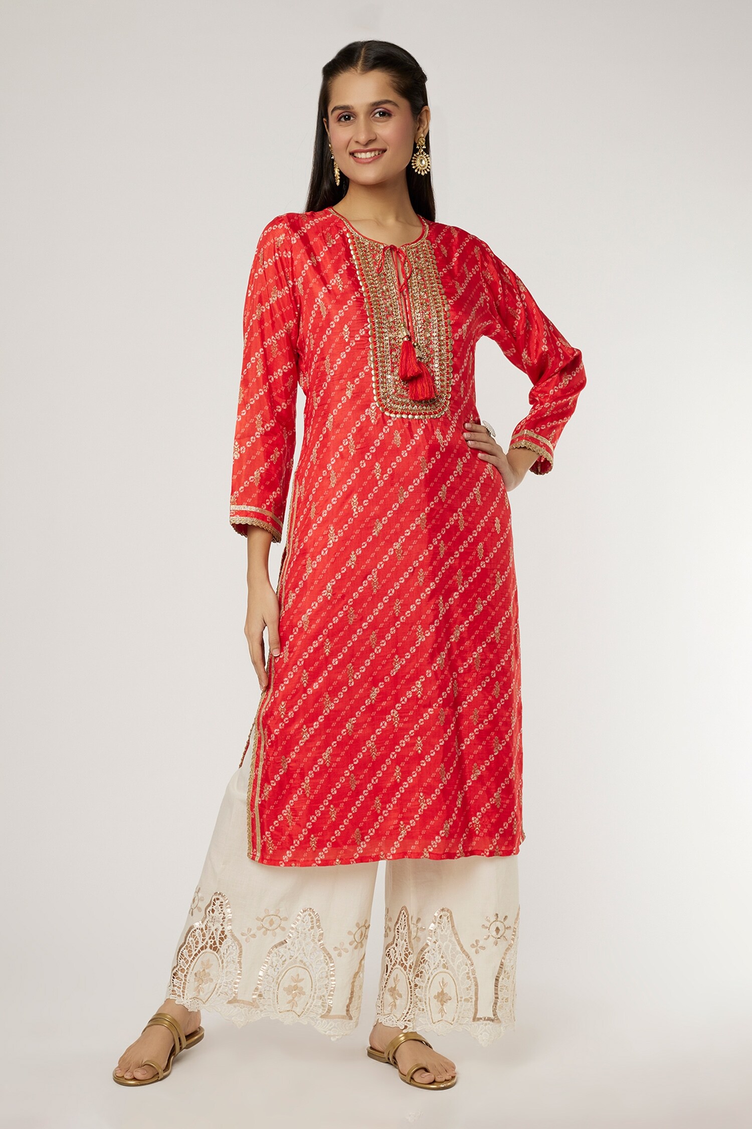 Buy Gopi Vaid Red Cotton Silk Aabida Bandhani Pattern Tunic Online ...