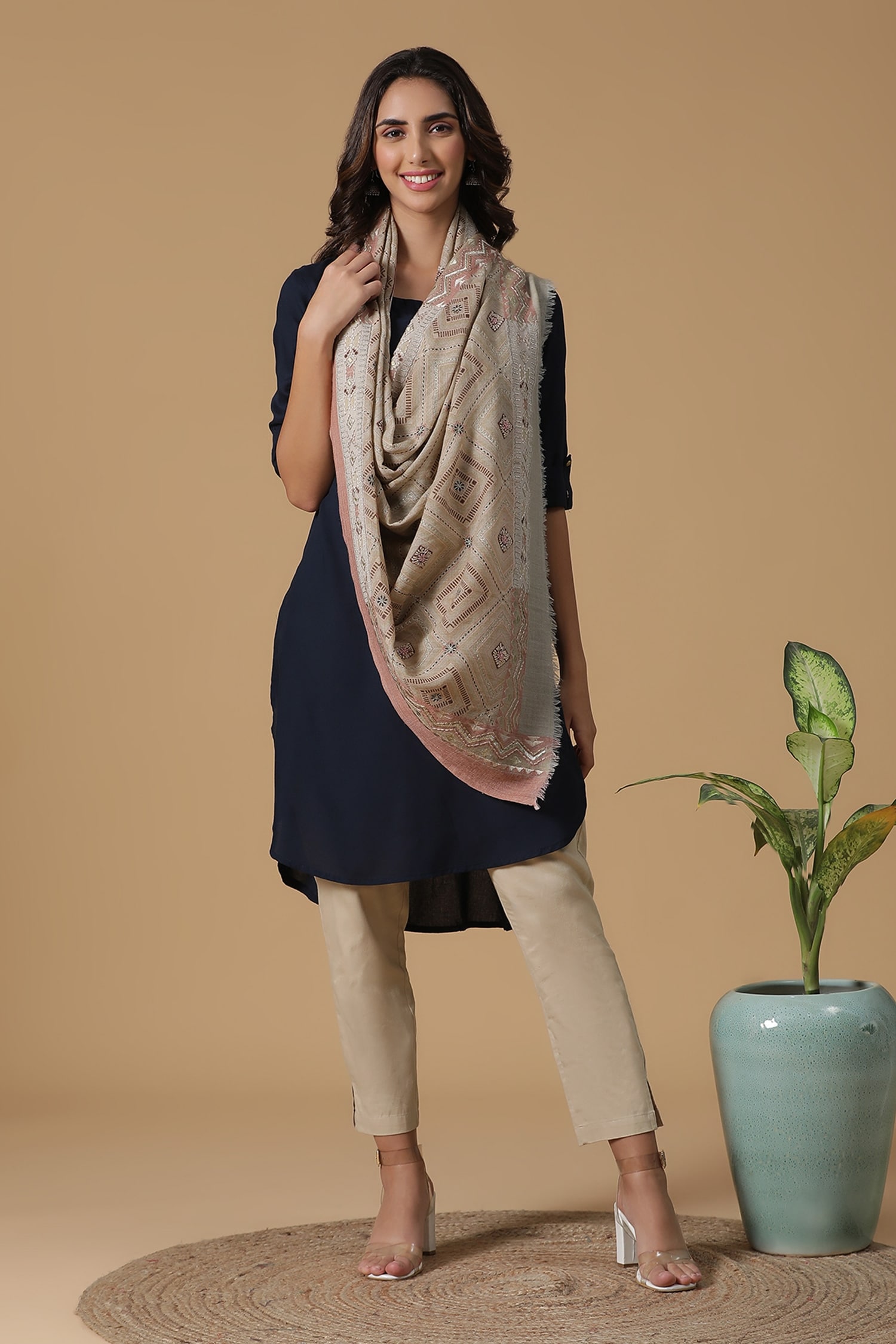 Buy Shingora Geometric Pattern And Embroidered Shawl Online | Aza Fashions