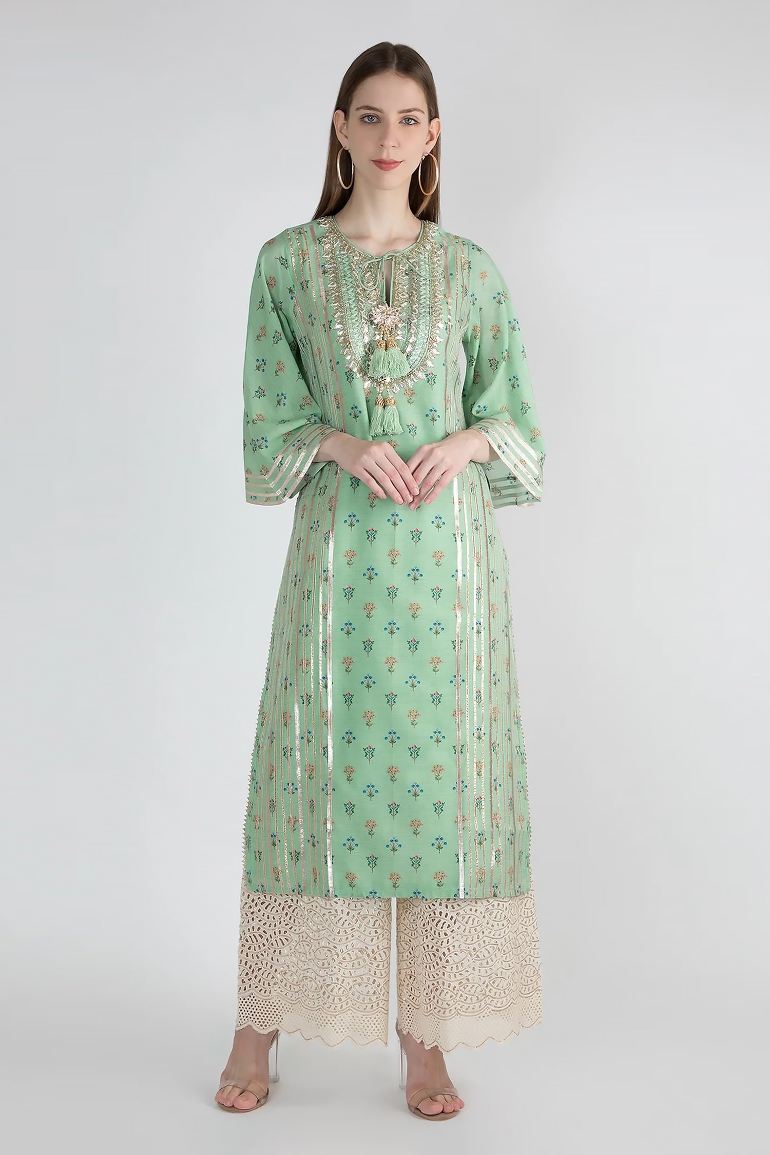 Buy Green Cotton Silk Print Mogra Floral Round Neck Tunic For Women by ...