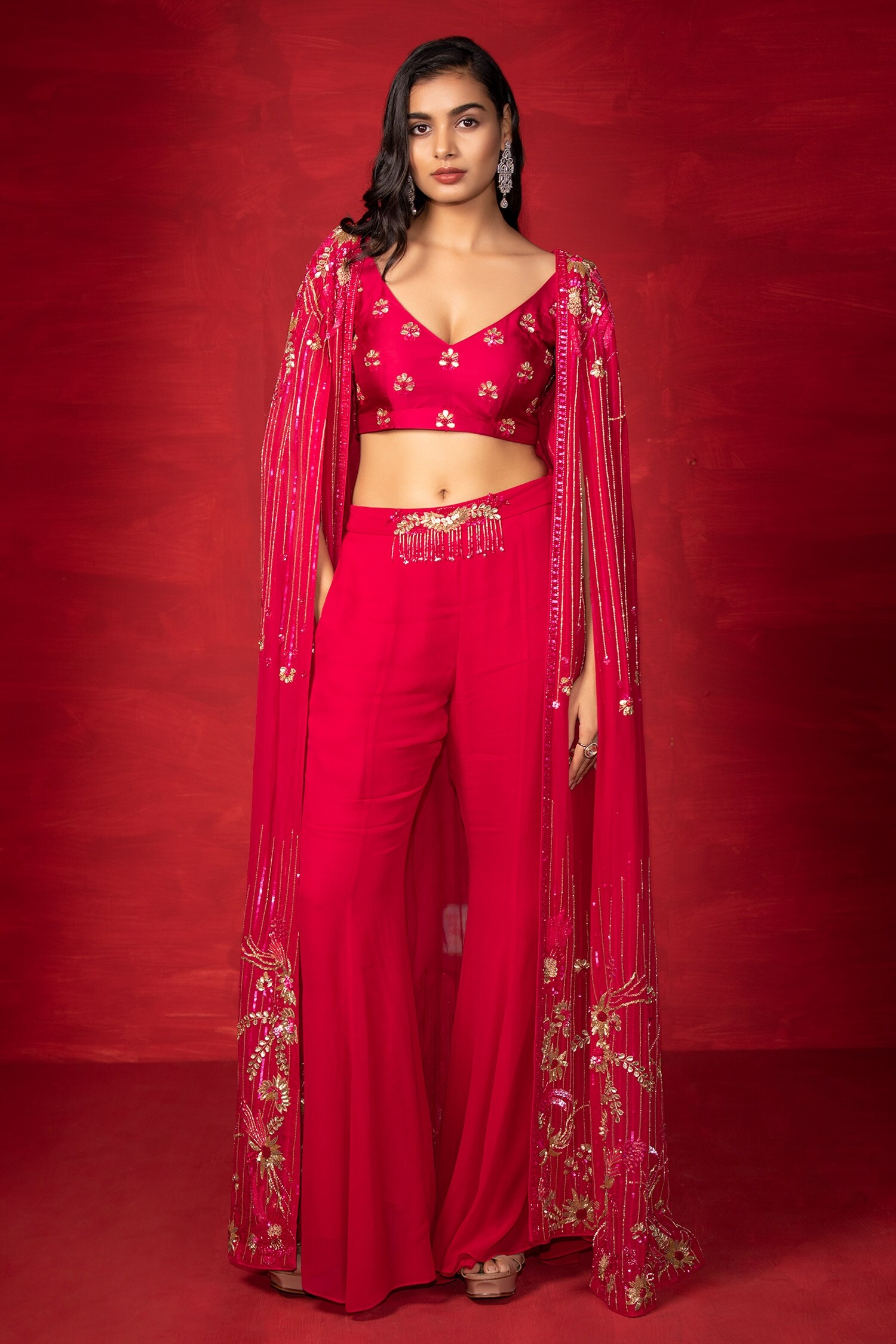 Buy Miku Kumar Fuchsia Georgette Embroidered Cape Palazzo Set Online ...