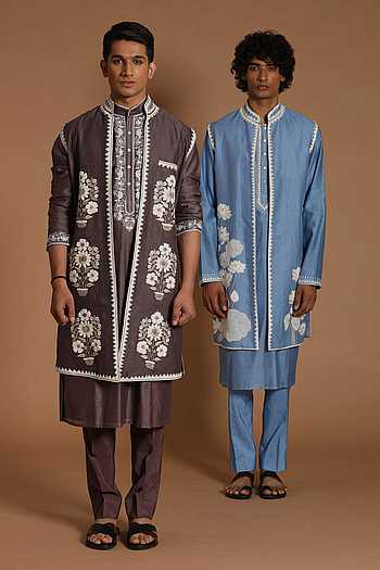 Buy Rar Studio Blue Cotton Lotus Embroidered Jacket Kurta Set Online ...