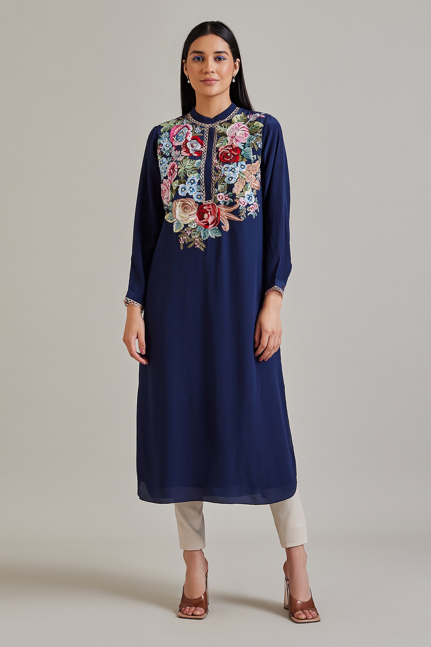 Buy Pankaj And Nidhi Blue Silk Crepe Peony Floral Hand Embellished Long