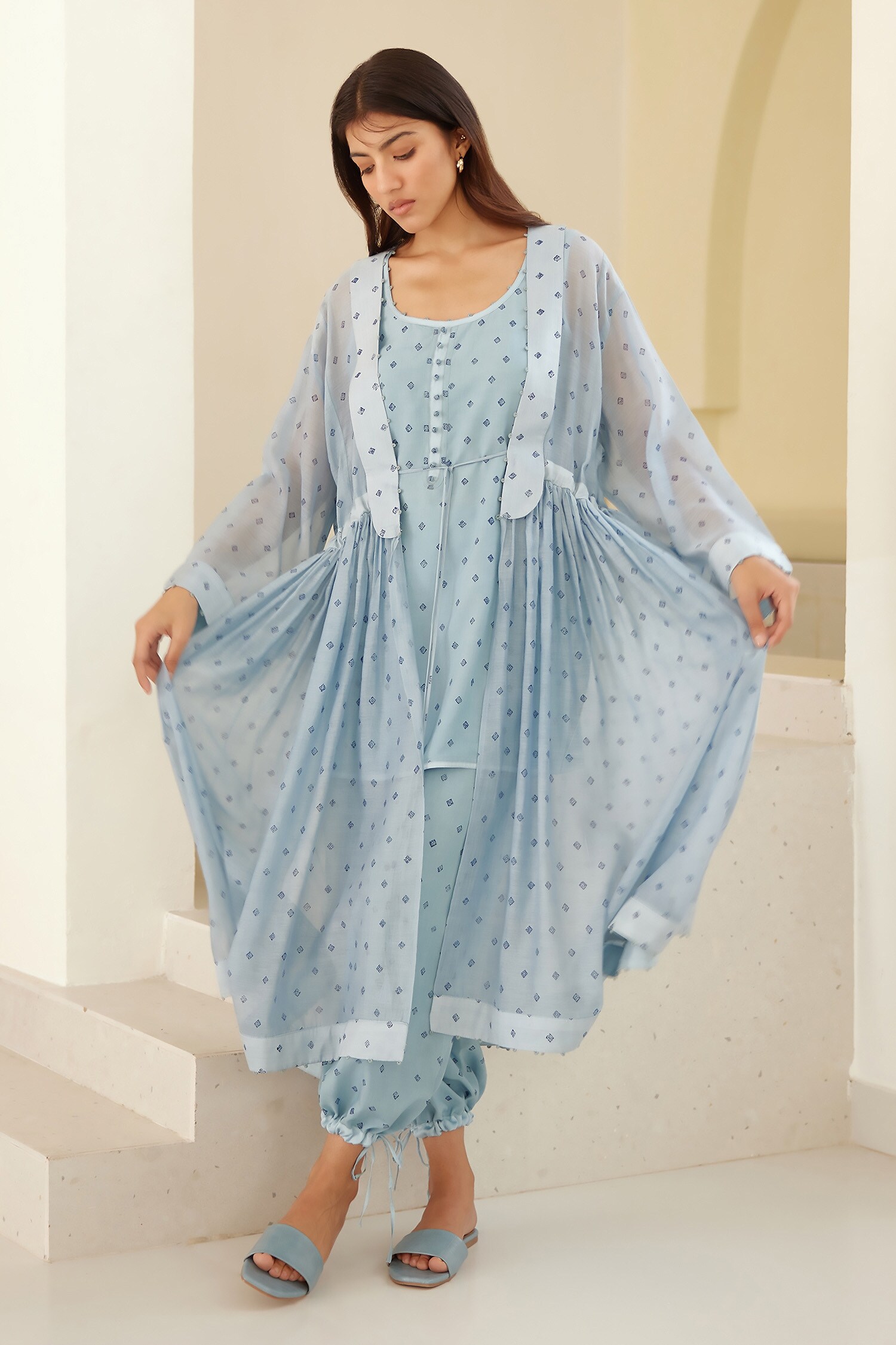 Buy Blue Modal Hand Block Printed French Knots Inner Top Tunic Trouser ...