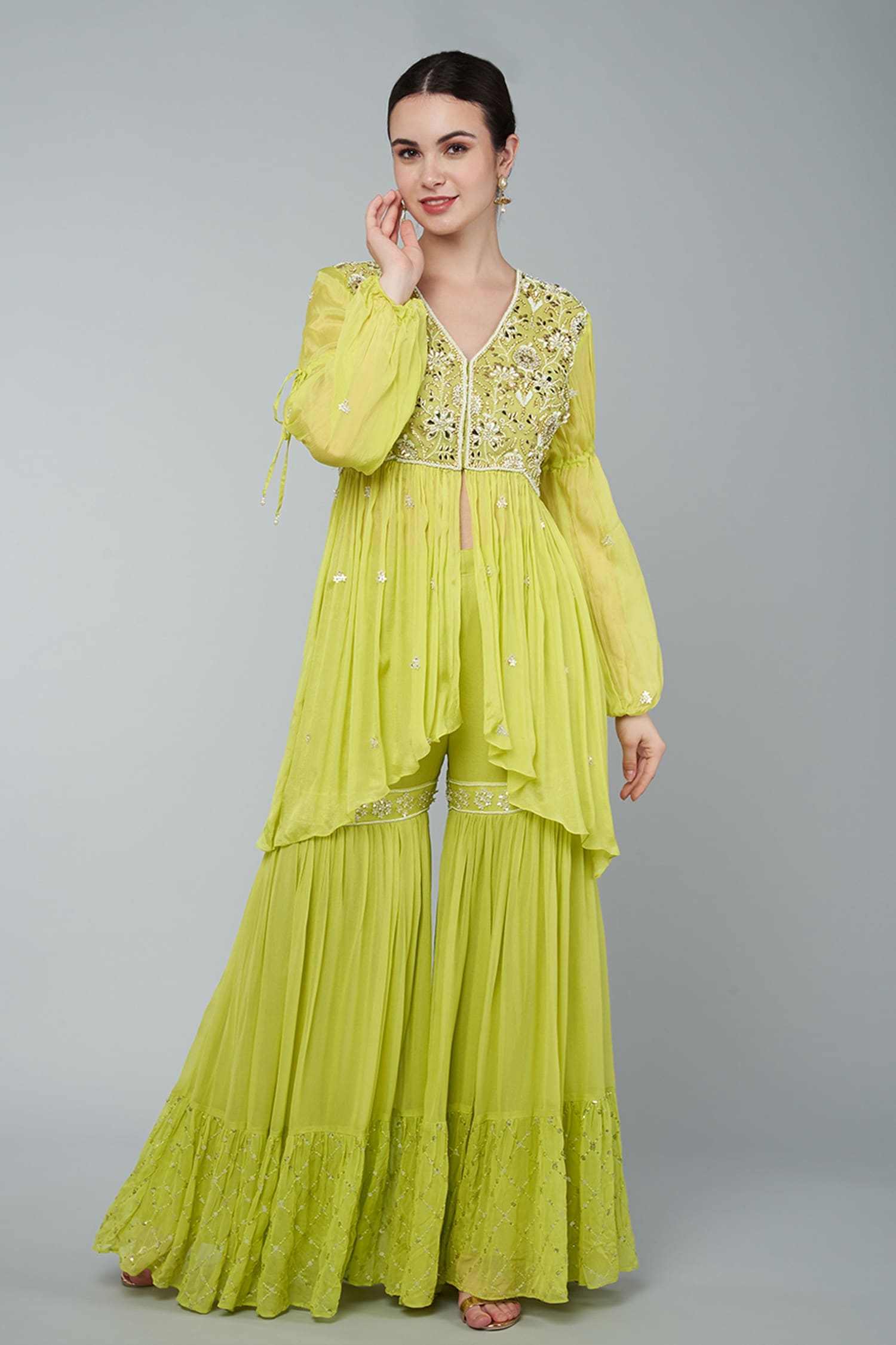 Buy Yellow Georgette Embellished Bead V Neck Tunic And Gharara Set For ...