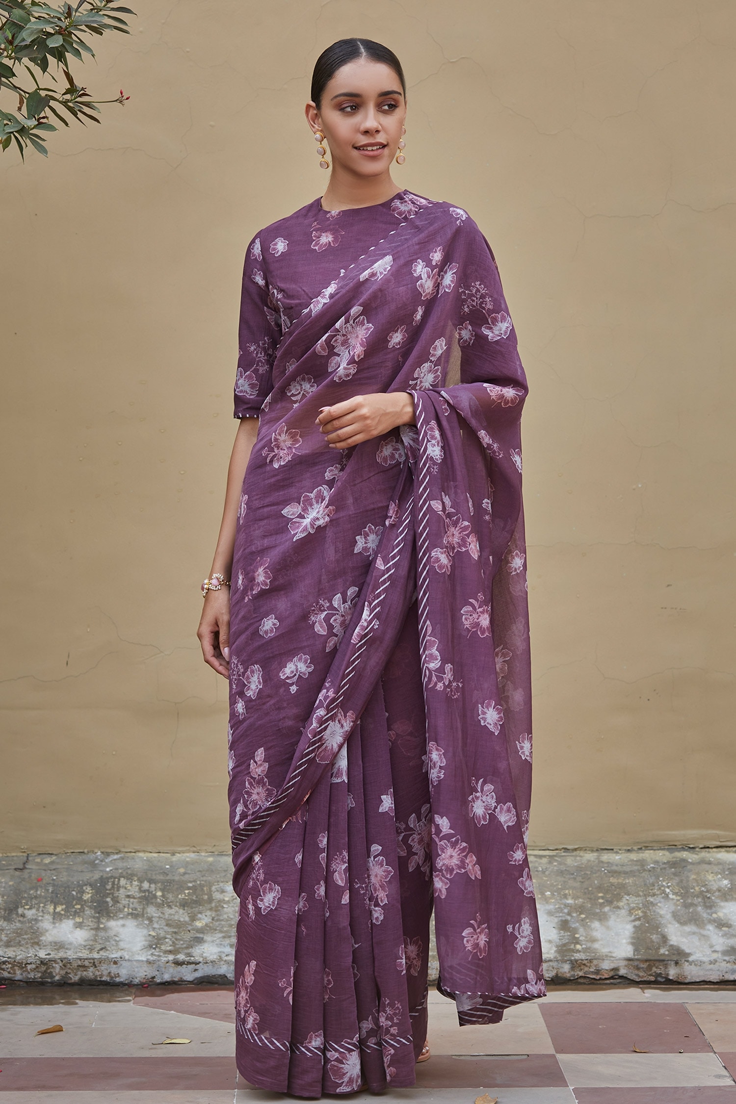 Buy Purple Cotton Muslin Printed Garden Discharge Saree With Blouse For ...