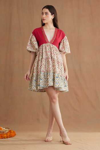 Buy Red 100% Cotton Poplin Printed And Embroidered Mughal Deep V Dress ...