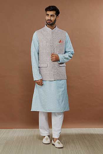 Buy Aham-Vayam Grey Cotton Mayur Van Embroidered Nehru Jacket Online ...
