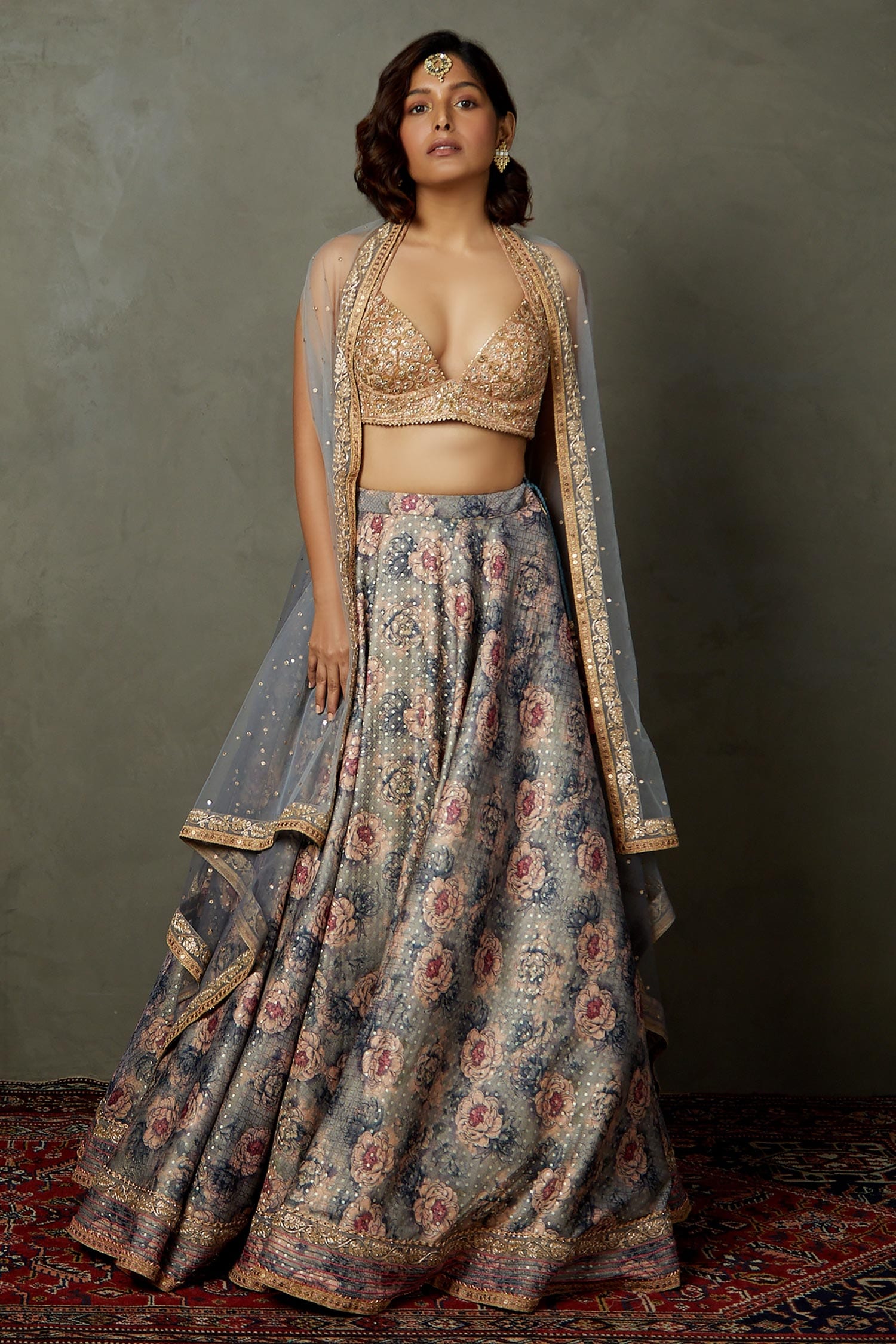 Buy Grey Blouse Silk And Zari Print & Embroidery Hasika Lehenga Set For Women by RI.Ritu Kumar ...