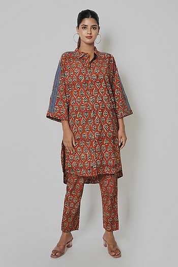 Buy Red Cotton Printed Kalamkari Shirt Collar Free Bird Kurta And Pant ...