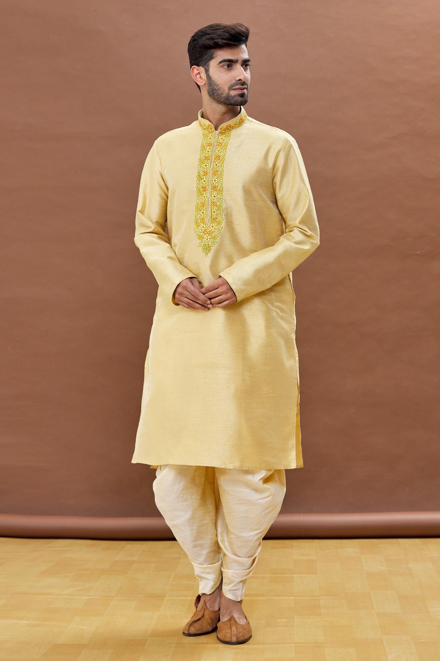 Buy Samyukta Singhania Gold Silk Mandarin Collar Floral Embroidered ...