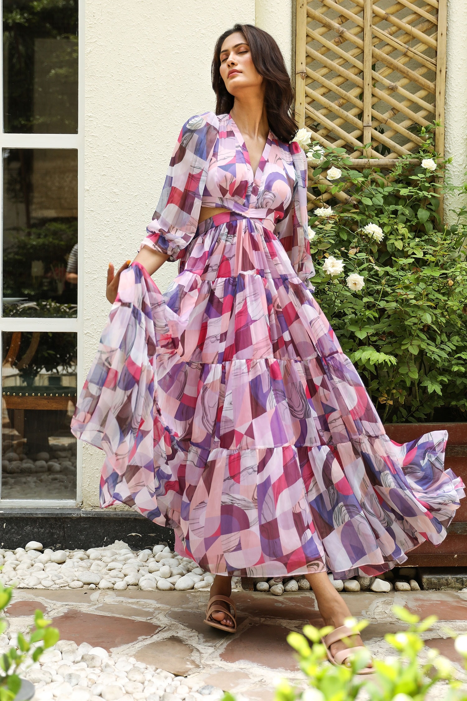 Buy Purple Recycled Chiffon Printed Abstract V Neck Phoebe Cutout Dress ...