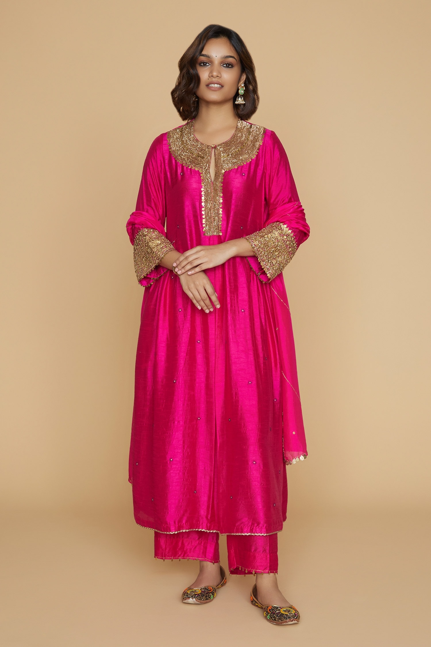 Buy Pink Silk Embroidered Pitta Keyhole Neck And Marodi Sleeves Kurta ...