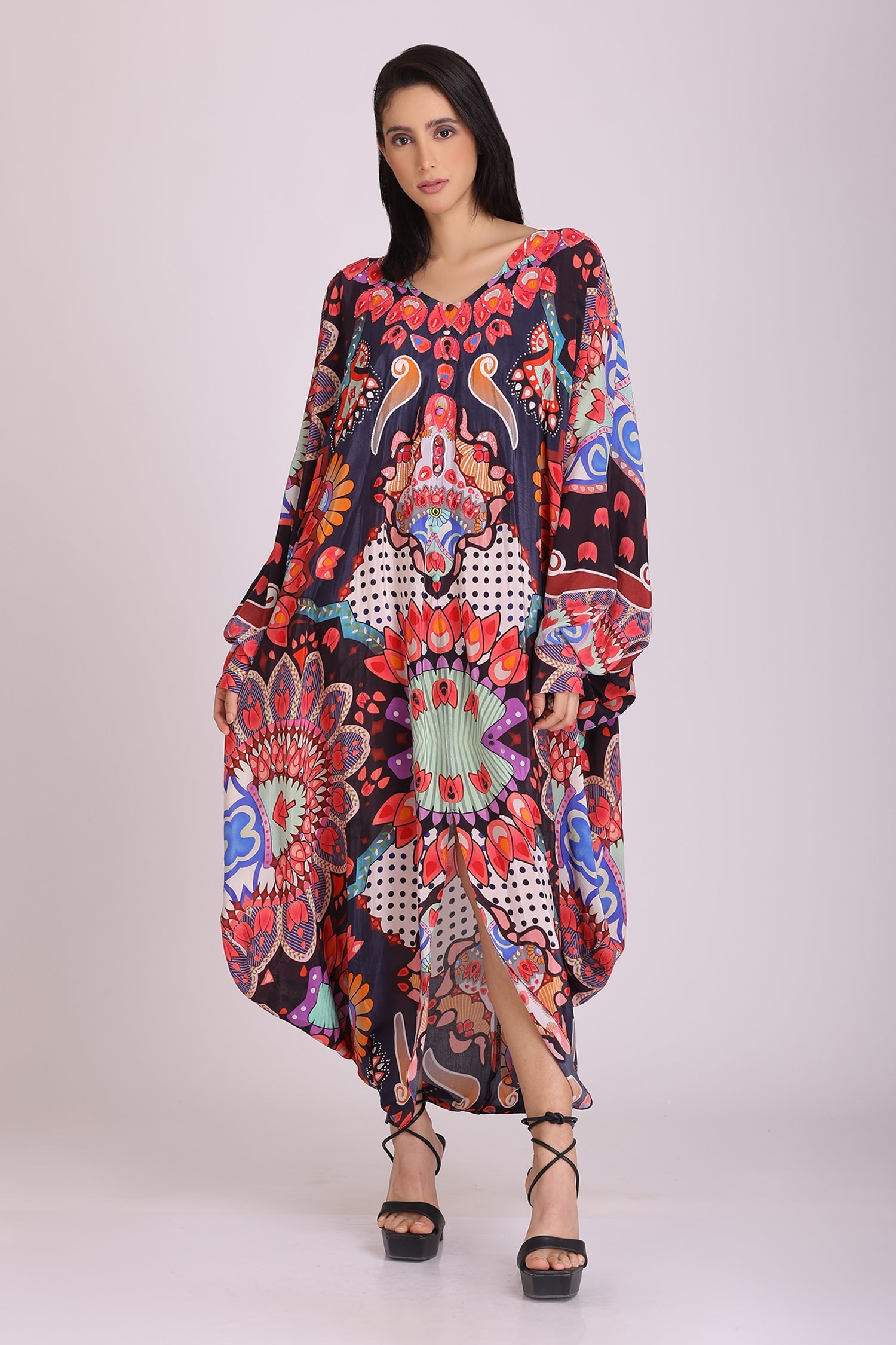 Buy Alpona Designs Multi Color Natural Crepe Folk Print Kaftan Dress ...