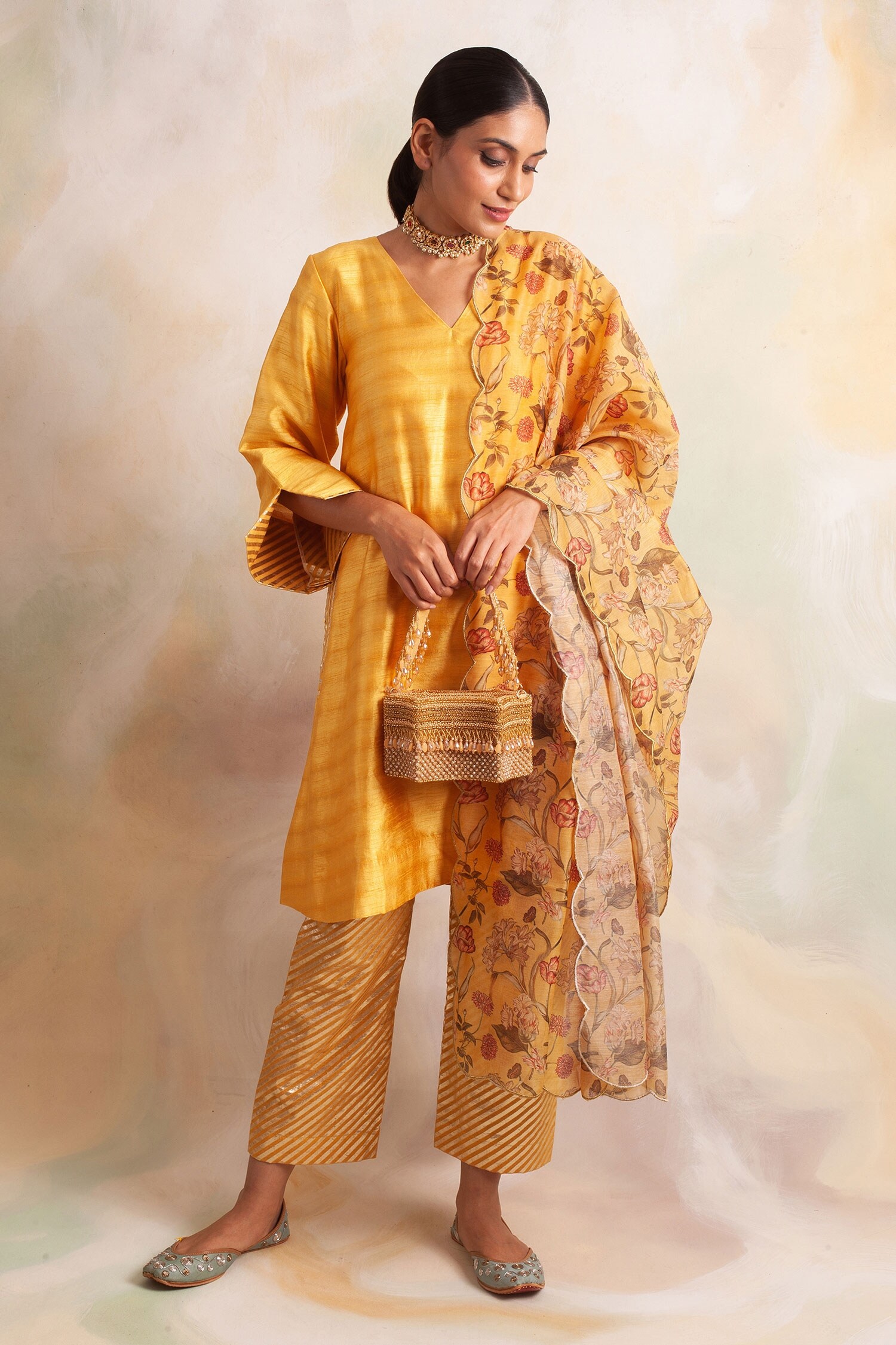 Buy Yellow Dupion Silk Stripe V Neck Pattern Kurta Set For Women by ...