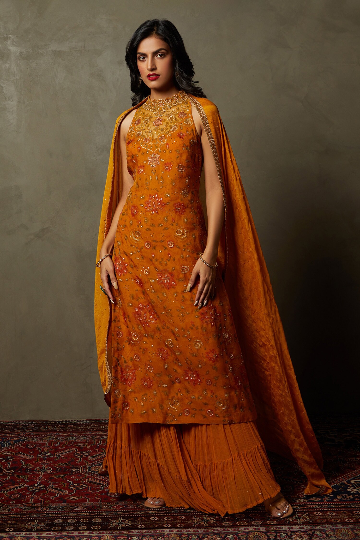 Buy RI.Ritu Kumar Yellow Janet Floral Embroidered Kurta Gharara Set ...