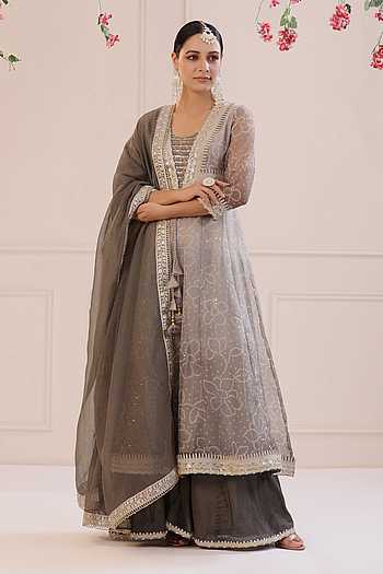 Buy Grey Kota Doria Printed Bandhani Square Neck Anarkali Sharara Set ...
