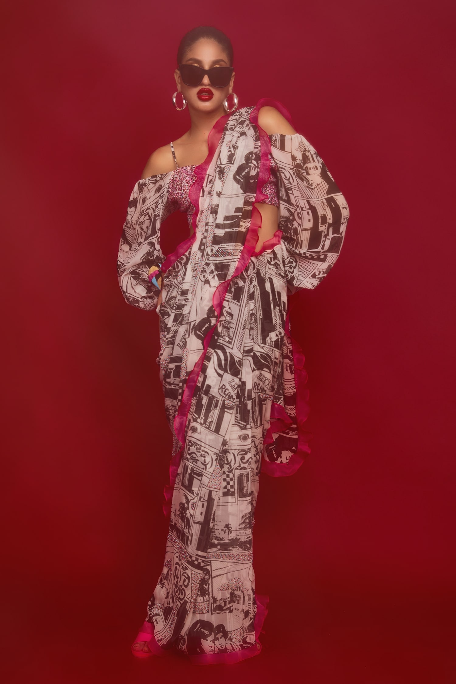 Buy Nandita Thirani White Georgette Comic Print Saree With Blouse ...