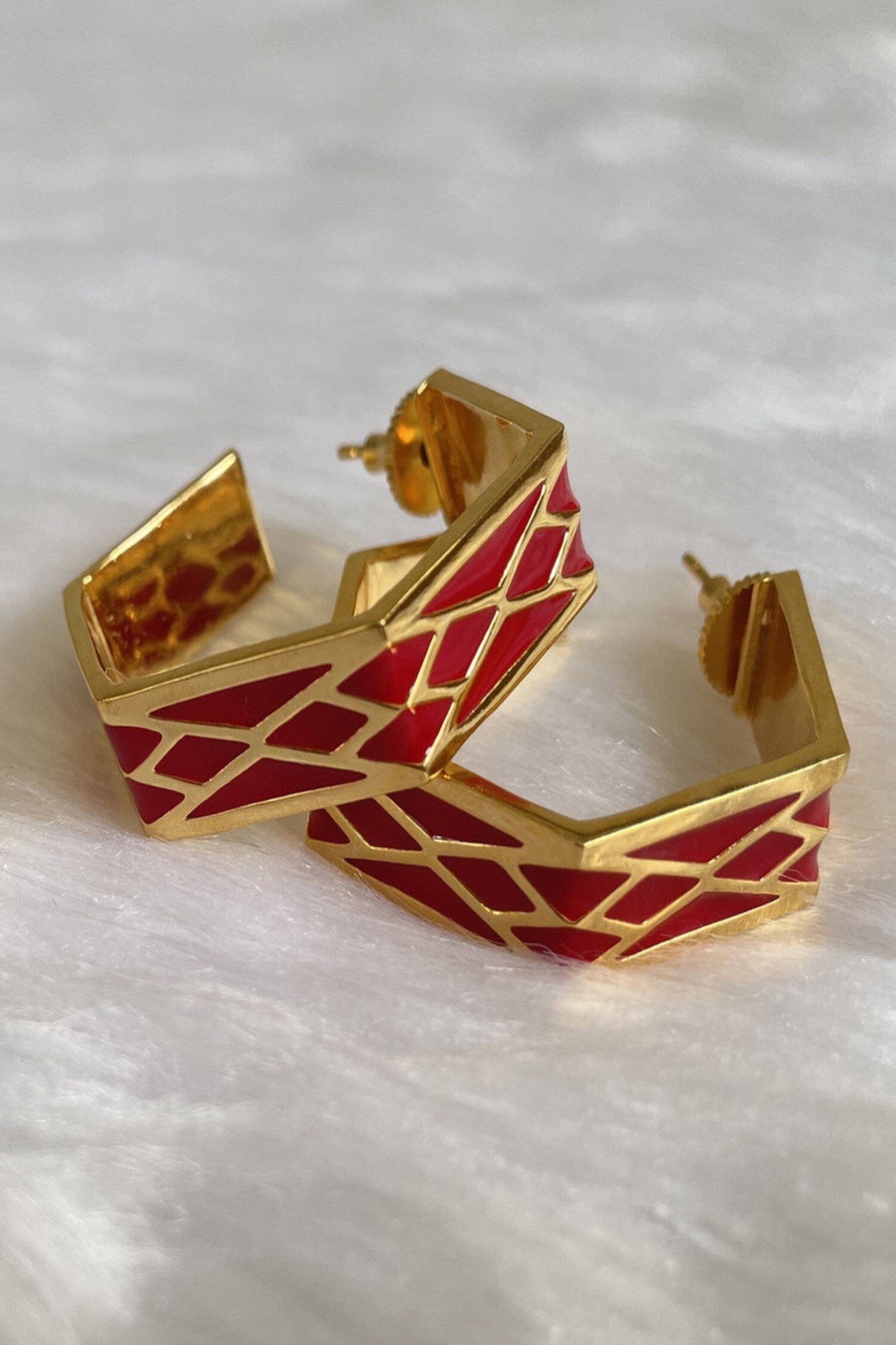 Buy Red Geometric Enamelled Hoops by MNSH Online at Aza Fashions.