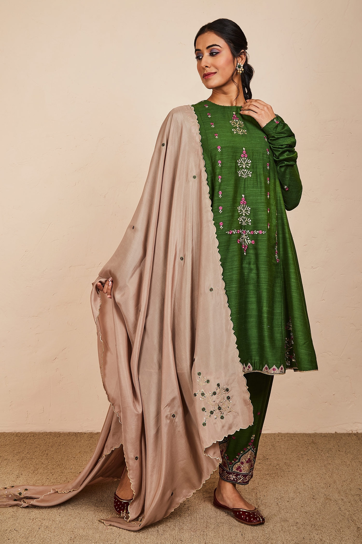 Buy Green Tussar Georgette And Silk Embroidery Chetal Anarkali Salwar ...