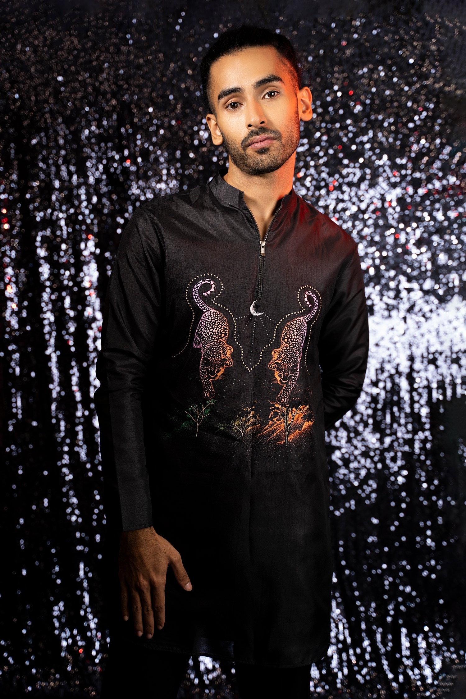 Buy Sanjana Reddy Black Dola Silk Placement Cheetah Print Kurta Online ...